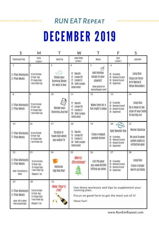 Workout Calendar for Runners with Exercises and Tips - December 2019 ...