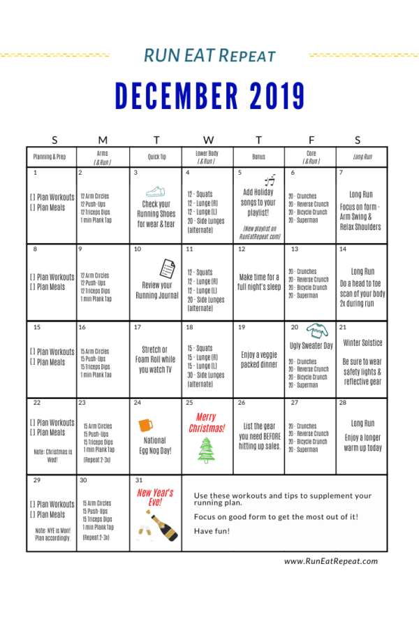 Workout Calendar for Runners with Exercises and Tips - December 2019 ...