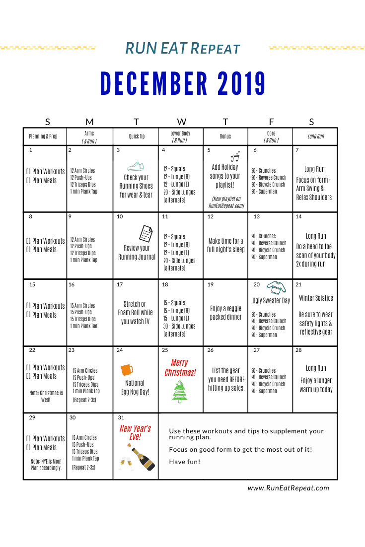 Workout Calendar for Runners with Exercises and Tips - December 2019 ...