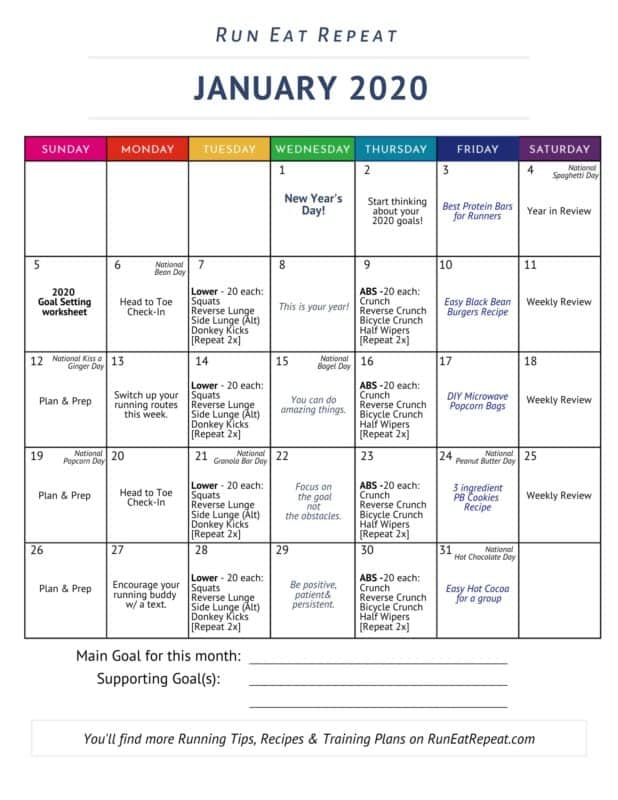 January Calendar, Running Log and Planner - free printable - Run Eat Repeat