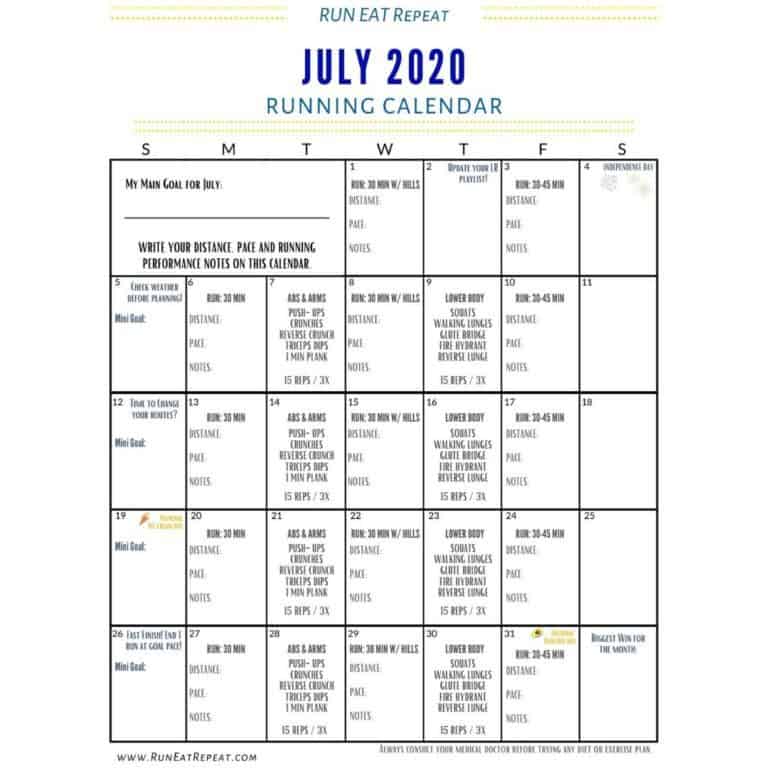 Running Journal Calendar - July 2020 free printable - Run Eat Repeat
