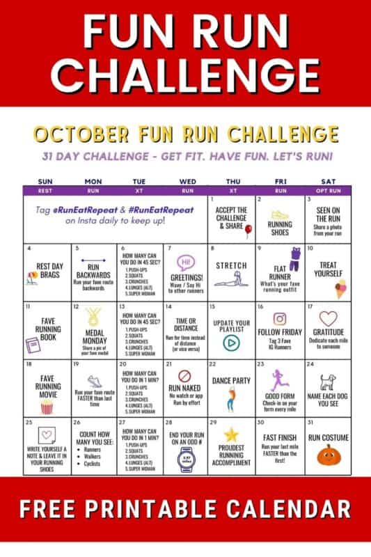 Fun Run Challenge - October Running Calendar Free Printable - Run Eat ...